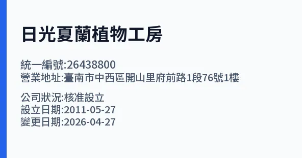 日光夏蘭植物工房的照片-統編 26438800(臺南市) 公司登記資料與營業項目詳細圖表