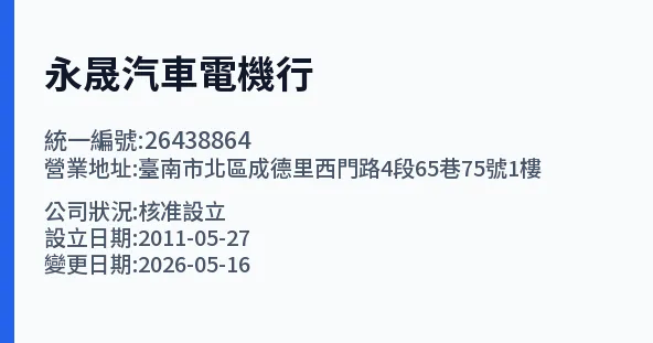 永晟汽車電機行的照片-統編 26438864(臺南市) 公司登記資料與營業項目詳細圖表