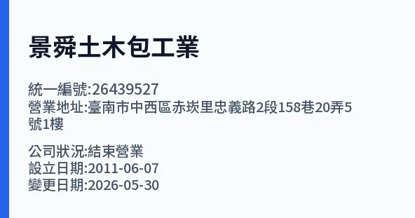 景舜土木包工業的照片-統編 26439527(臺南市) 公司登記資料與營業項目詳細圖表