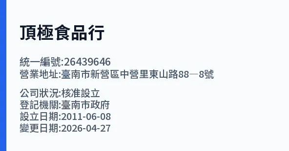 頂極食品行的照片-統編 26439646(臺南市) 公司登記資料與營業項目詳細圖表