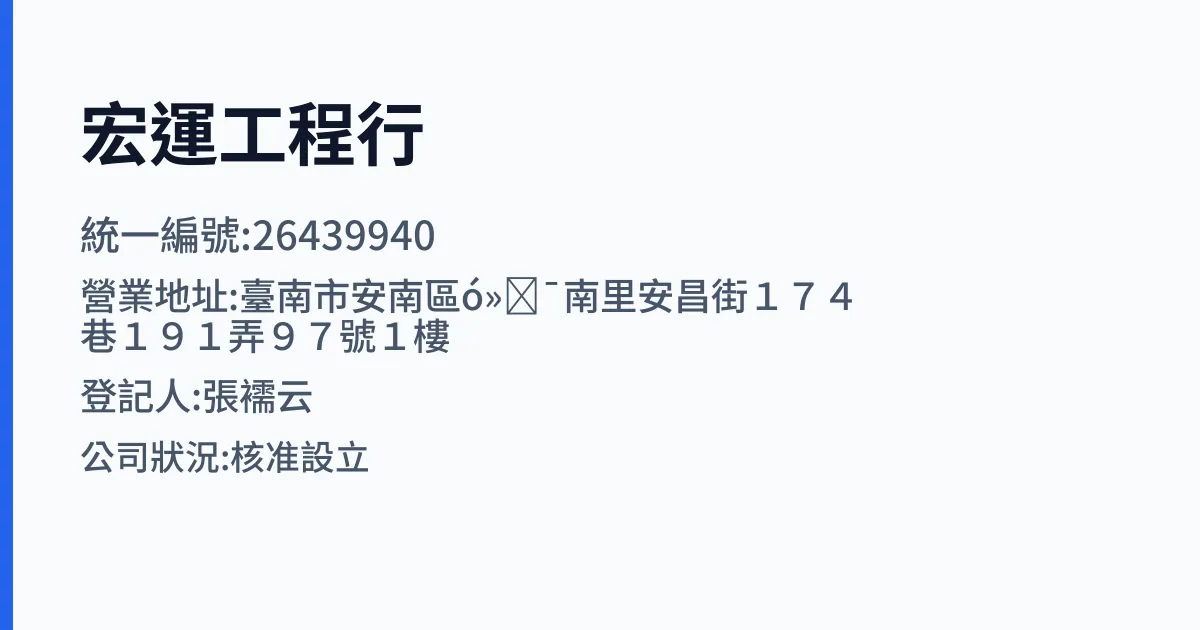 宏運工程行 - 統編 26439940(臺南市) 公司登記資料與營業項目詳細圖表
