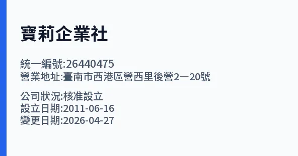 寶莉企業社的照片-統編 26440475(臺南市) 公司登記資料與營業項目詳細圖表