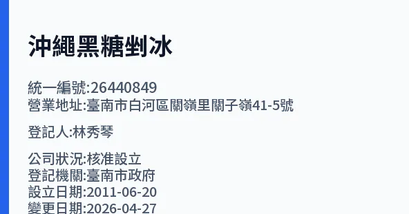 沖繩黑糖剉冰的照片-統編 26440849(臺南市) 公司登記資料與營業項目詳細圖表