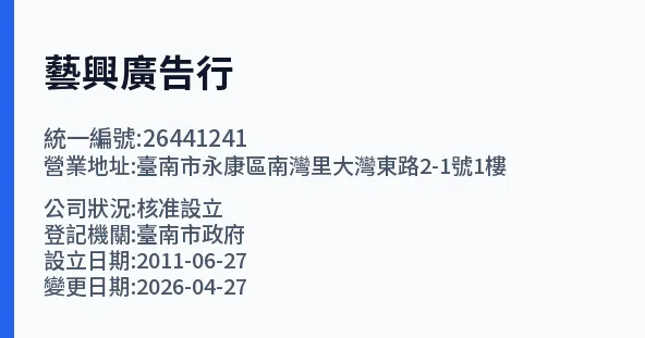 藝興廣告行的照片-統編 26441241(臺南市) 公司登記資料與營業項目詳細圖表