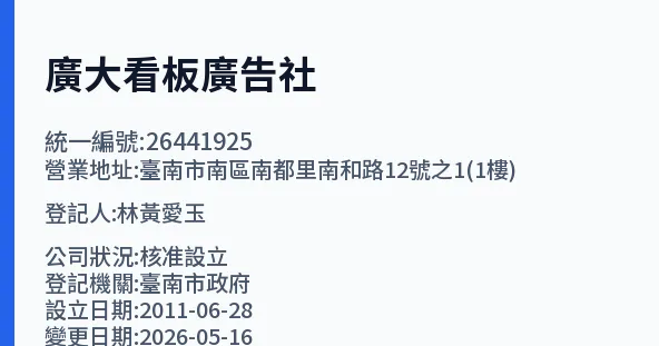 廣大看板廣告社的照片-統編 26441925(臺南市) 公司登記資料與營業項目詳細圖表