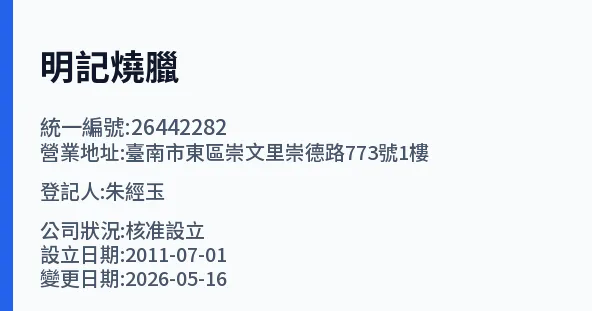 明記燒臘的照片-統編 26442282(臺南市) 公司登記資料與營業項目詳細圖表
