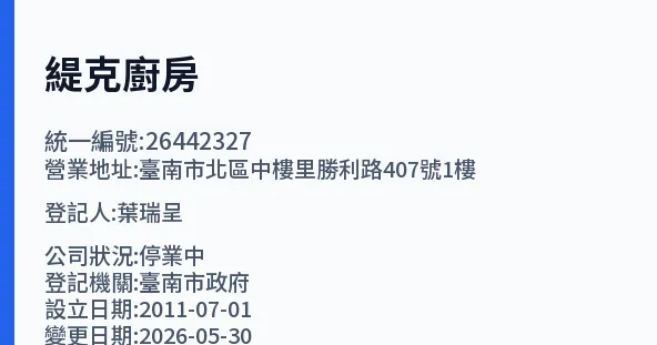 緹克廚房的照片-統編 26442327(臺南市) 公司登記資料與營業項目詳細圖表