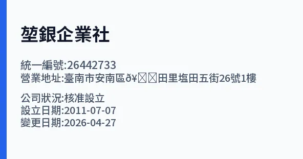 堃銀企業社的照片-統編 26442733(臺南市) 公司登記資料與營業項目詳細圖表