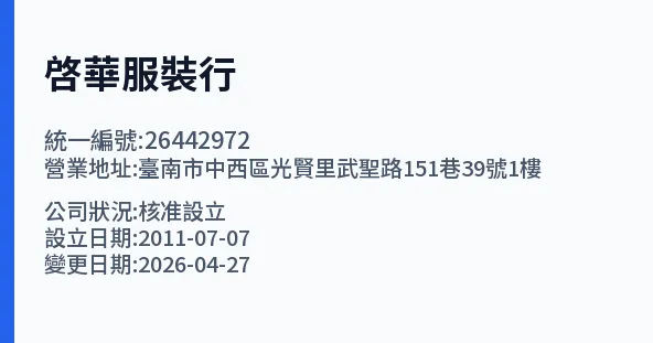 啓華服裝行的照片-統編 26442972(臺南市) 公司登記資料與營業項目詳細圖表