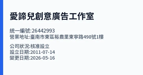 愛諦兒創意廣告工作室的照片-統編 26442993(臺南市) 公司登記資料與營業項目詳細圖表