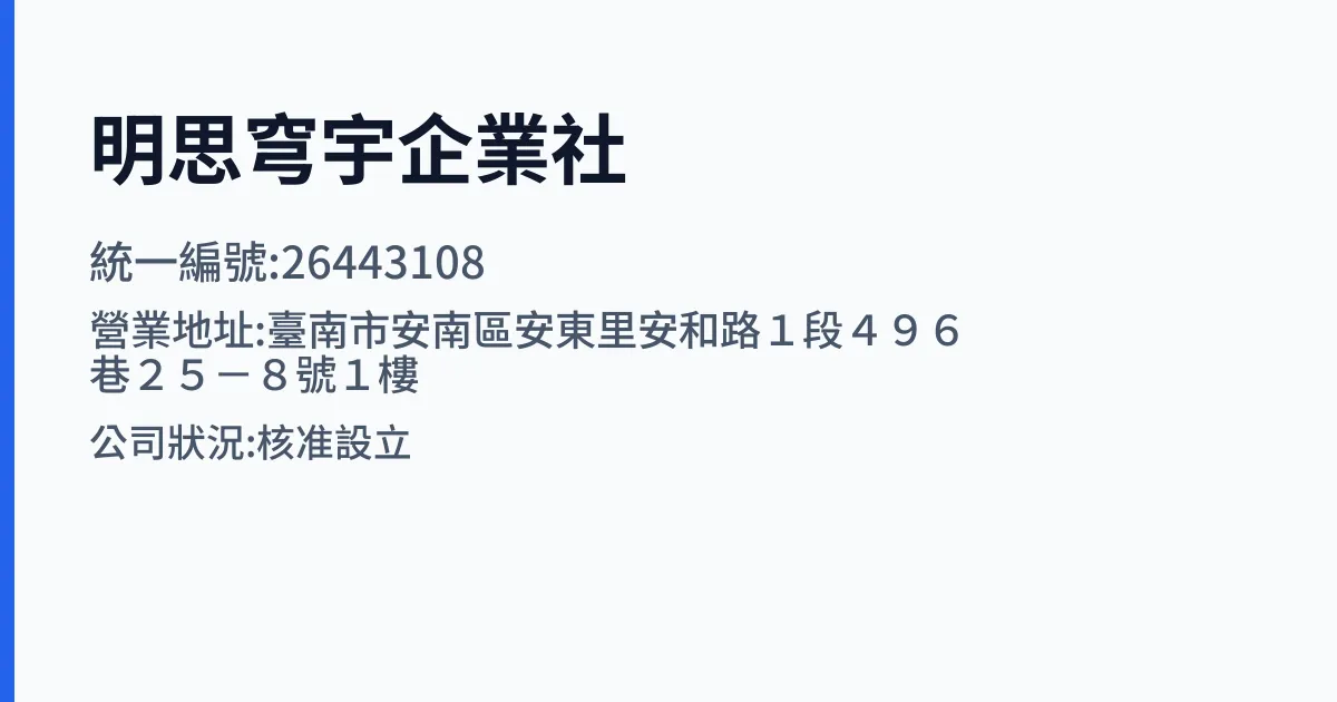 明思穹宇企業社 - 統編 26443108(臺南市) 公司登記資料與營業項目詳細圖表
