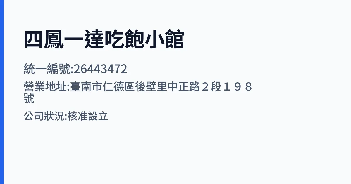 四鳳一達吃飽小館 - 統編 26443472(臺南市) 公司登記資料與營業項目詳細圖表