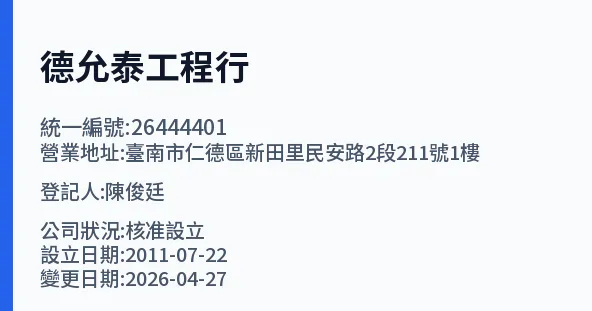 德允泰工程行的照片-統編 26444401(臺南市) 公司登記資料與營業項目詳細圖表