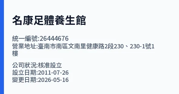 名康足體養生館的照片-統編 26444676(臺南市) 公司登記資料與營業項目詳細圖表