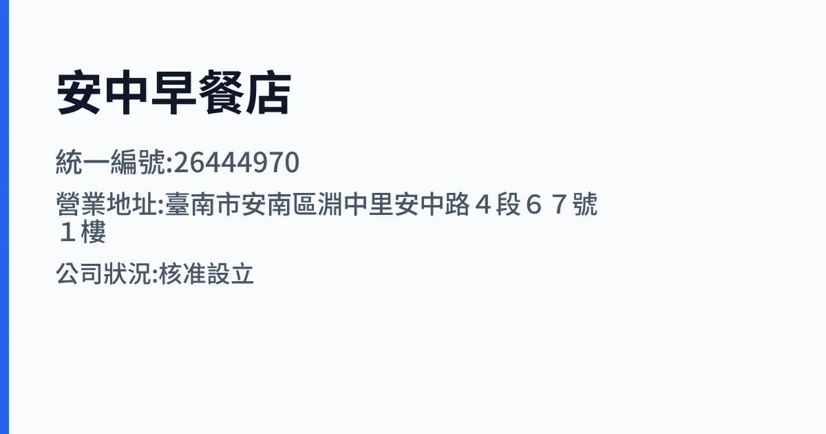 安中早餐店 - 統編 26444970(臺南市) 公司登記資料與營業項目詳細圖表