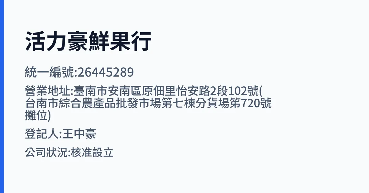 活力豪鮮果行 - 統編 26445289(臺南市) 公司登記資料與營業項目詳細圖表