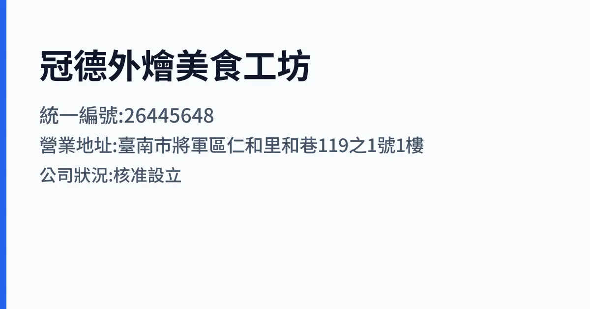 冠德外燴美食工坊 - 統編 26445648(臺南市) 公司登記資料與營業項目詳細圖表