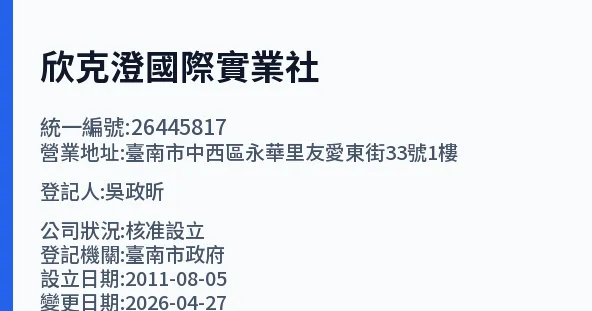 欣克澄國際實業社的照片-統編 26445817(臺南市) 公司登記資料與營業項目詳細圖表