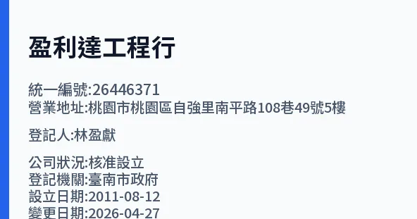 盈利達工程行的照片-統編 26446371(桃園市) 公司登記資料與營業項目詳細圖表