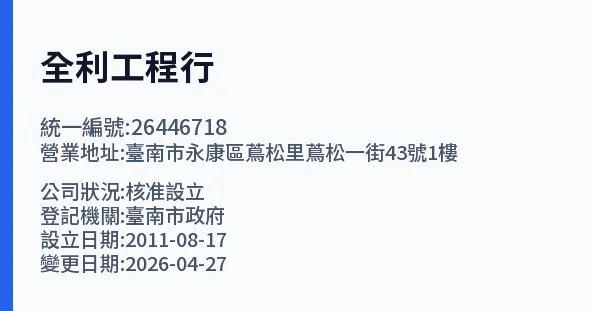 全利工程行的照片-統編 26446718(臺南市) 公司登記資料與營業項目詳細圖表