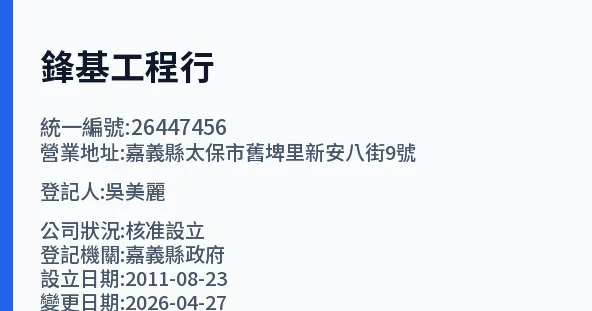 鋒基工程行的照片-統編 26447456(嘉義縣) 公司登記資料與營業項目詳細圖表