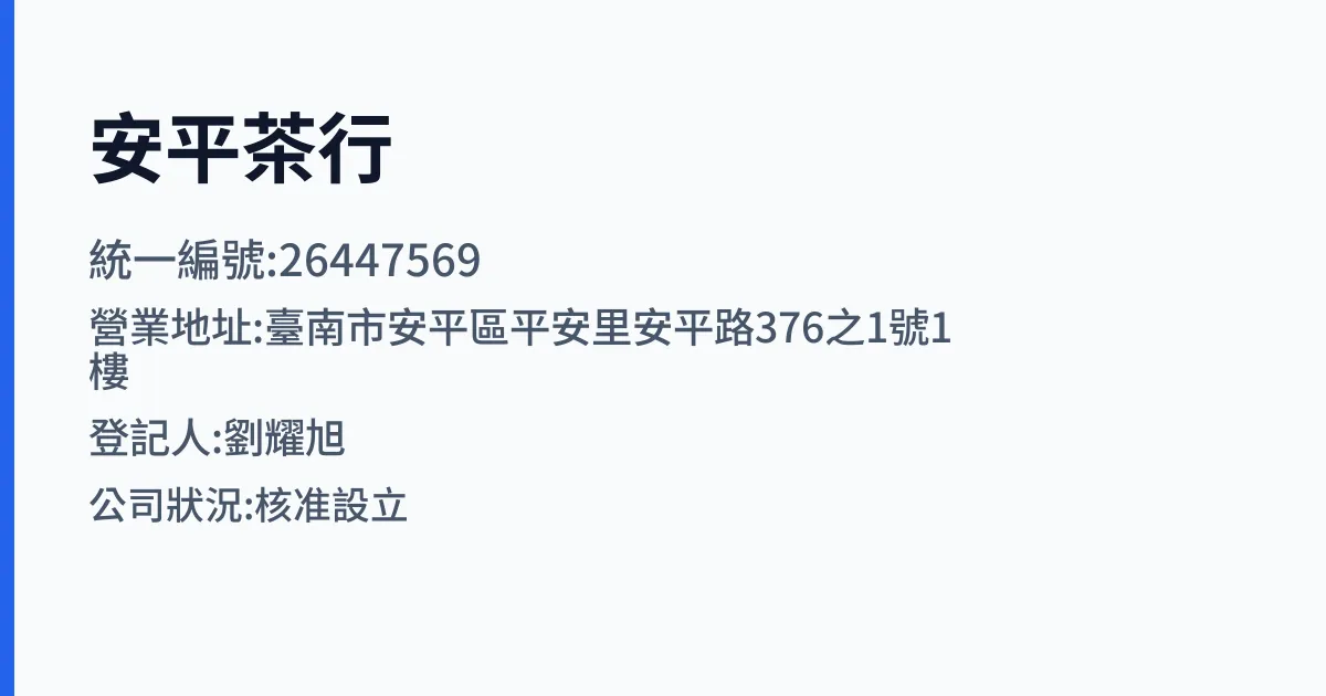安平茶行 - 統編 26447569(臺南市) 公司登記資料與營業項目詳細圖表