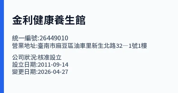 金利健康養生館的照片-統編 26449010(臺南市) 公司登記資料與營業項目詳細圖表