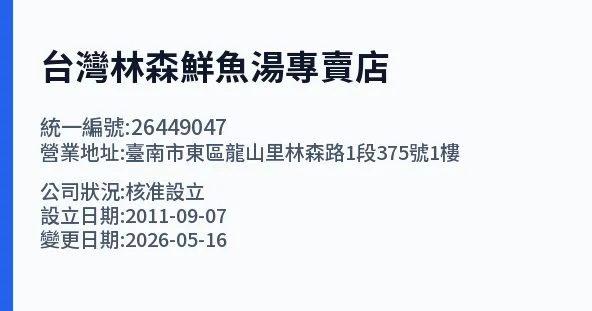 台灣林森鮮魚湯專賣店的照片-統編 26449047(臺南市) 公司登記資料與營業項目詳細圖表