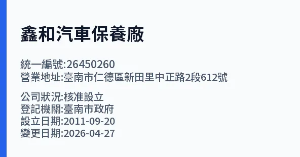 鑫和汽車保養廠的照片-統編 26450260(臺南市) 公司登記資料與營業項目詳細圖表