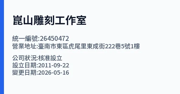 崑山雕刻工作室的照片-統編 26450472(臺南市) 公司登記資料與營業項目詳細圖表