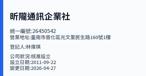 昕隴通訊企業社的照片-統編 26450542(臺南市) 公司登記資料與營業項目詳細圖表