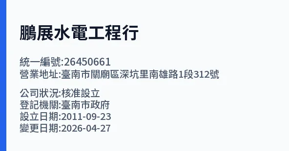 鵬展水電工程行的照片-統編 26450661(臺南市) 公司登記資料與營業項目詳細圖表