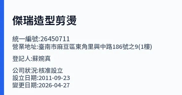 傑瑞造型剪燙的照片-統編 26450711(臺南市) 公司登記資料與營業項目詳細圖表