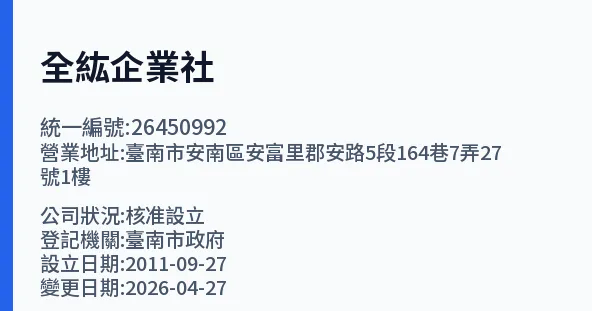 全紘企業社的照片-統編 26450992(臺南市) 公司登記資料與營業項目詳細圖表