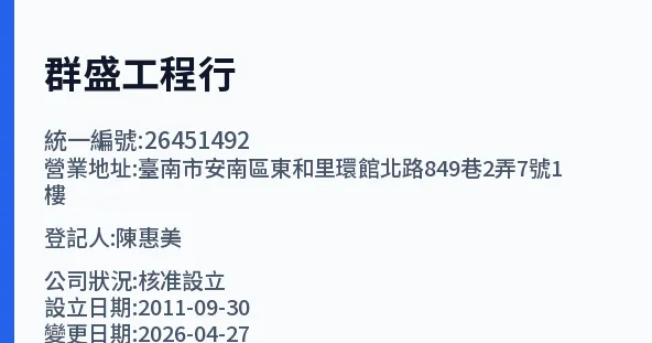 群盛工程行的照片-統編 26451492(臺南市) 公司登記資料與營業項目詳細圖表