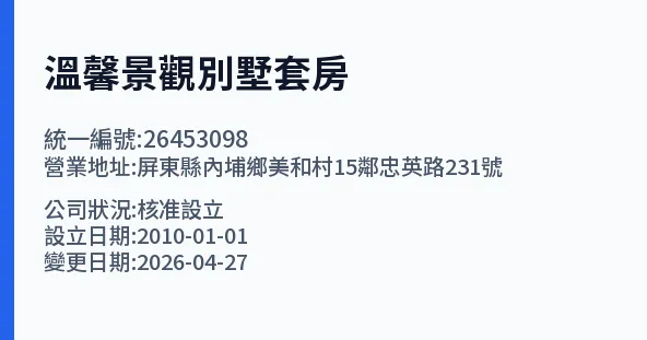 溫馨景觀別墅套房的照片-統編 26453098(屏東縣) 公司登記資料與營業項目詳細圖表