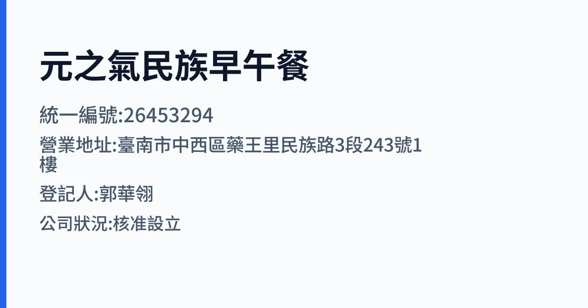 元之氣民族早午餐 - 統編 26453294(臺南市) 公司登記資料與營業項目詳細圖表