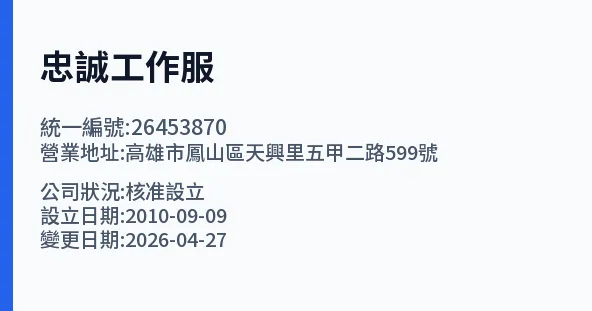 忠誠工作服的照片-統編 26453870(高雄市) 公司登記資料與營業項目詳細圖表