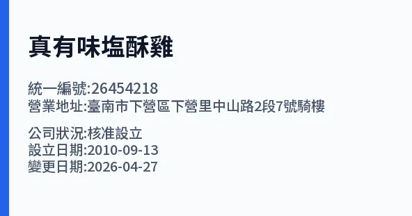 真有味塩酥雞的照片-統編 26454218(臺南市) 公司登記資料與營業項目詳細圖表