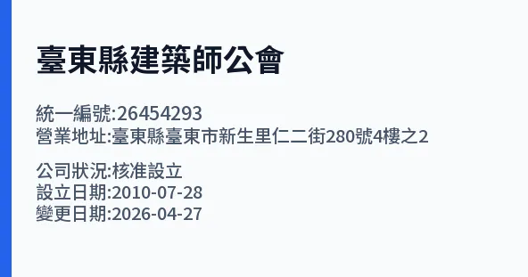 臺東縣建築師公會的照片-統編 26454293(臺東縣) 公司登記資料與營業項目詳細圖表
