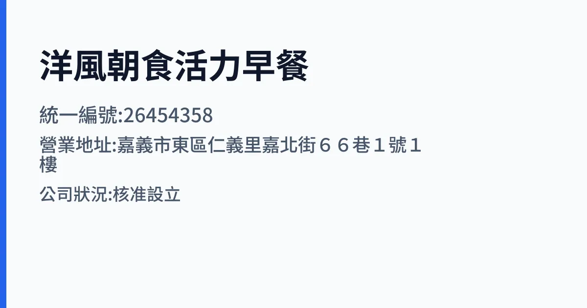 洋風朝食活力早餐 - 統編 26454358(嘉義市) 公司登記資料與營業項目詳細圖表