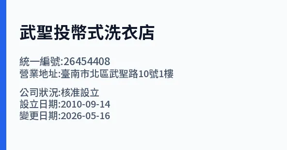 武聖投幣式洗衣店的照片-統編 26454408(臺南市) 公司登記資料與營業項目詳細圖表