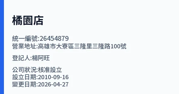 橘園店的照片-統編 26454879(高雄市) 公司登記資料與營業項目詳細圖表