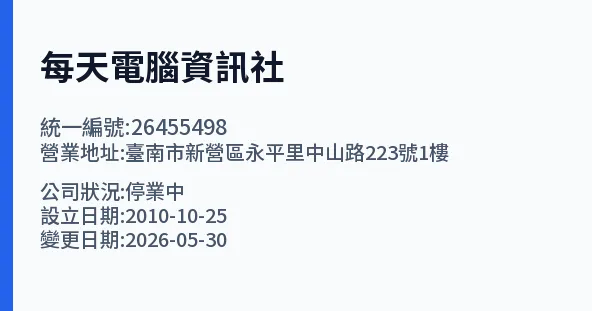 每天電腦資訊社的照片-統編 26455498(臺南市) 公司登記資料與營業項目詳細圖表