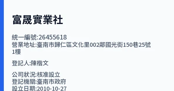 富晟實業社的照片-統編 26455618(臺南市) 公司登記資料與營業項目詳細圖表
