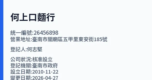 何上口麵行的照片-統編 26456898(臺南市) 公司登記資料與營業項目詳細圖表