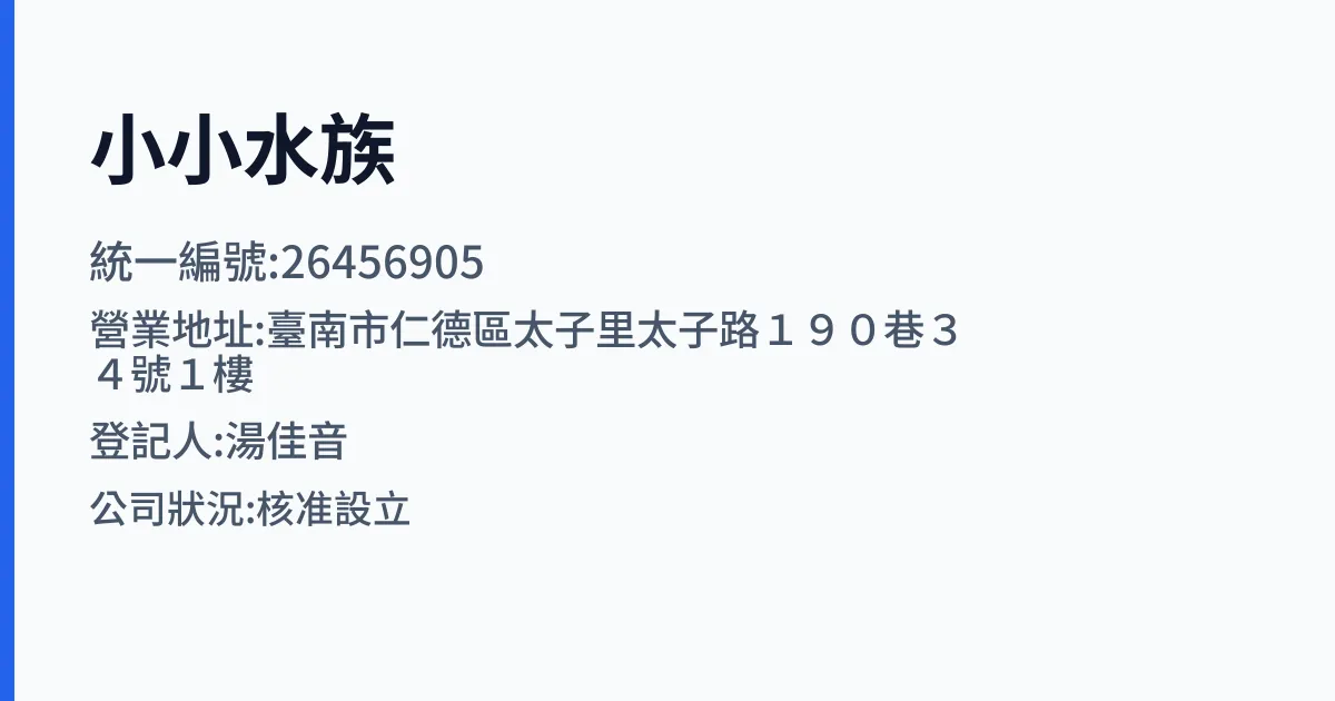 小小水族 - 統編 26456905(臺南市) 公司登記資料與營業項目詳細圖表