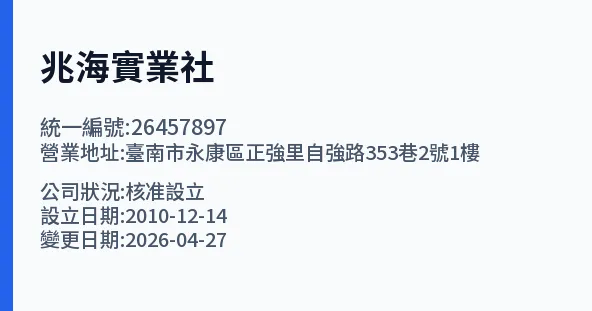 兆海實業社的照片-統編 26457897(臺南市) 公司登記資料與營業項目詳細圖表