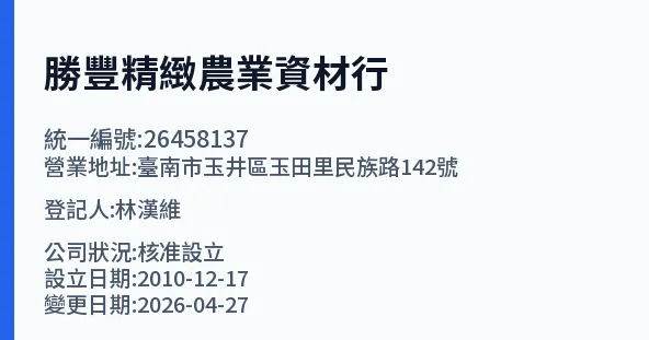勝豐精緻農業資材行的照片-統編 26458137(臺南市) 公司登記資料與營業項目詳細圖表