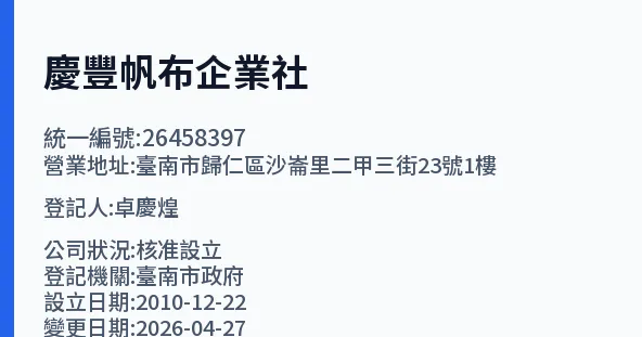 慶豐帆布企業社的照片-統編 26458397(臺南市) 公司登記資料與營業項目詳細圖表